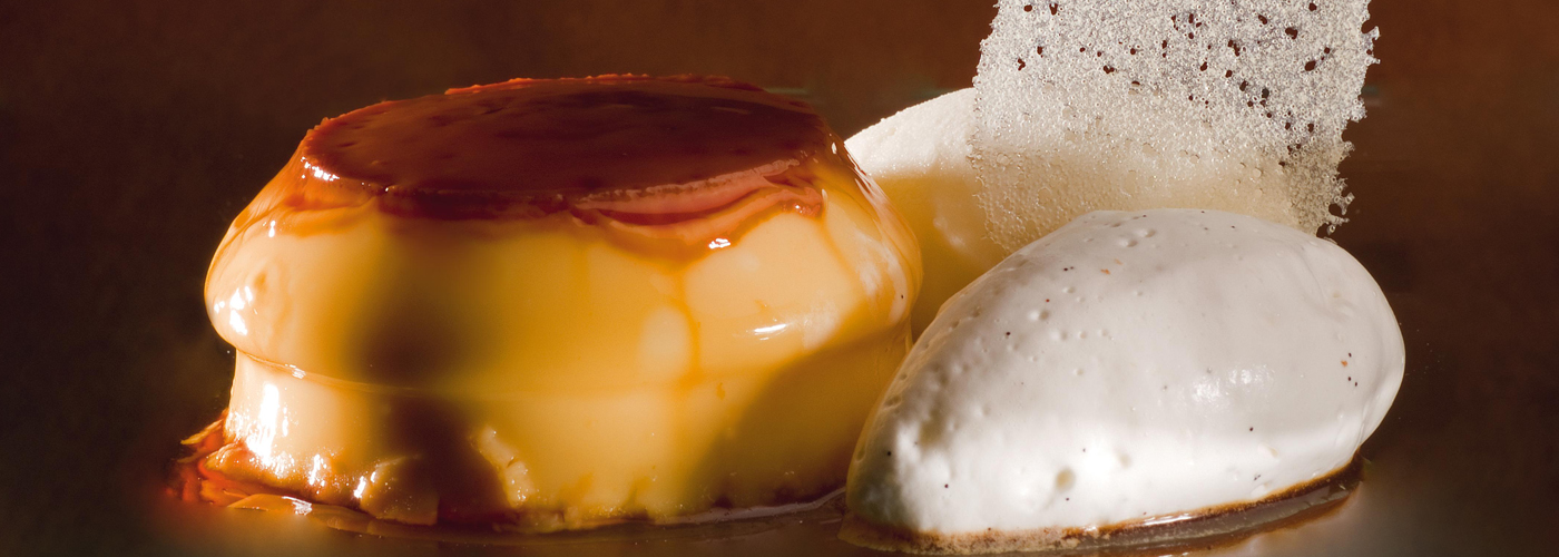 Home-made caramel custard with textured cream