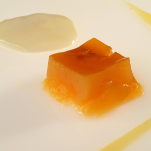 Egg yolk pudding with mango, pine nut custard and a rice pudding ...